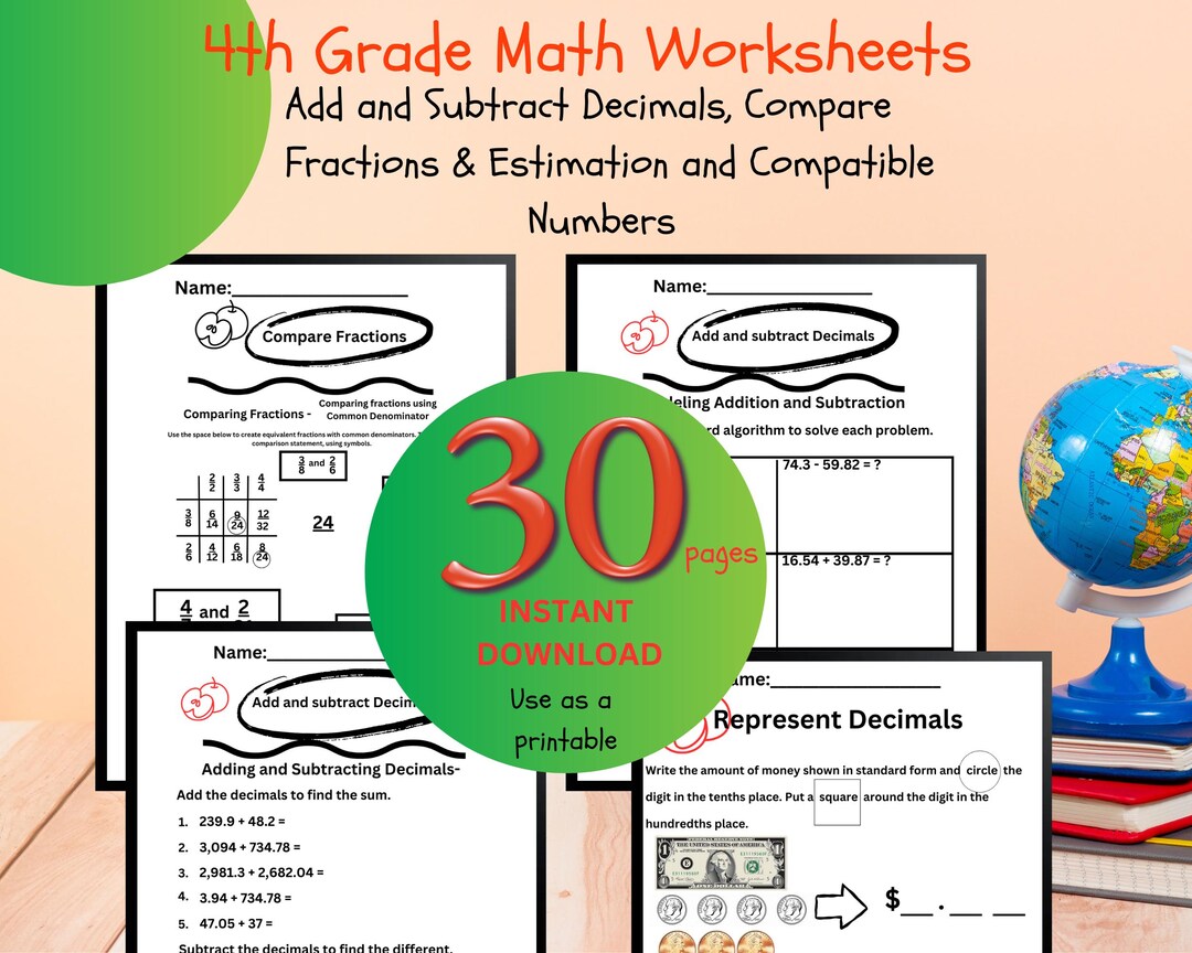 4th Grade Math Worksheets| Add and Subtract Decimals| Compare Fractions ...