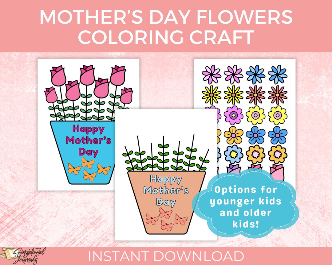 Mother's Day Coloring Pages PDF Activity for Kids Card, Flower Bouquet ...
