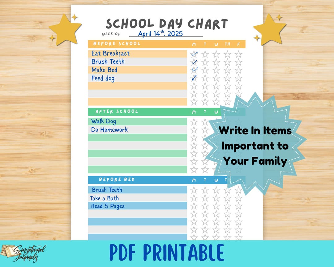 School Day Checklist for Kids, Children's Chore Chart, Responsibility ...