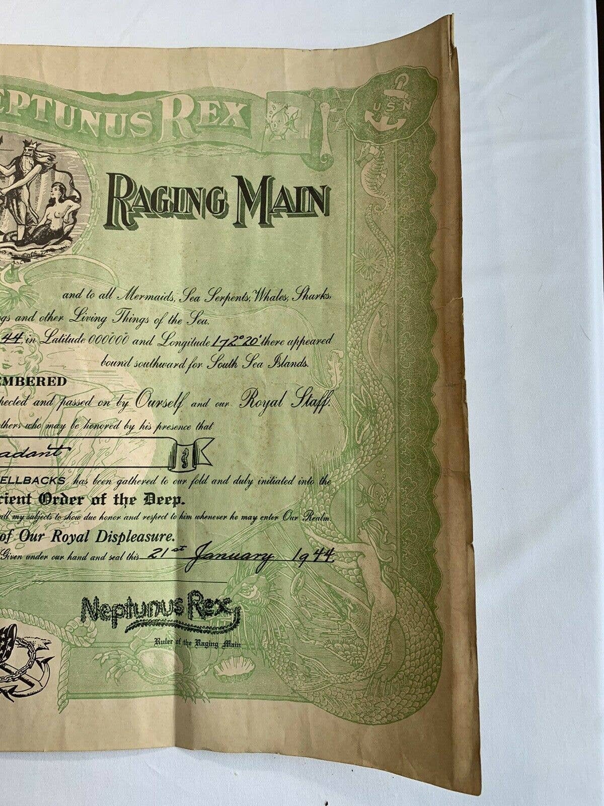 Vintage WWII 1944 USN Domain of Neptune Rex Certificate - Etsy