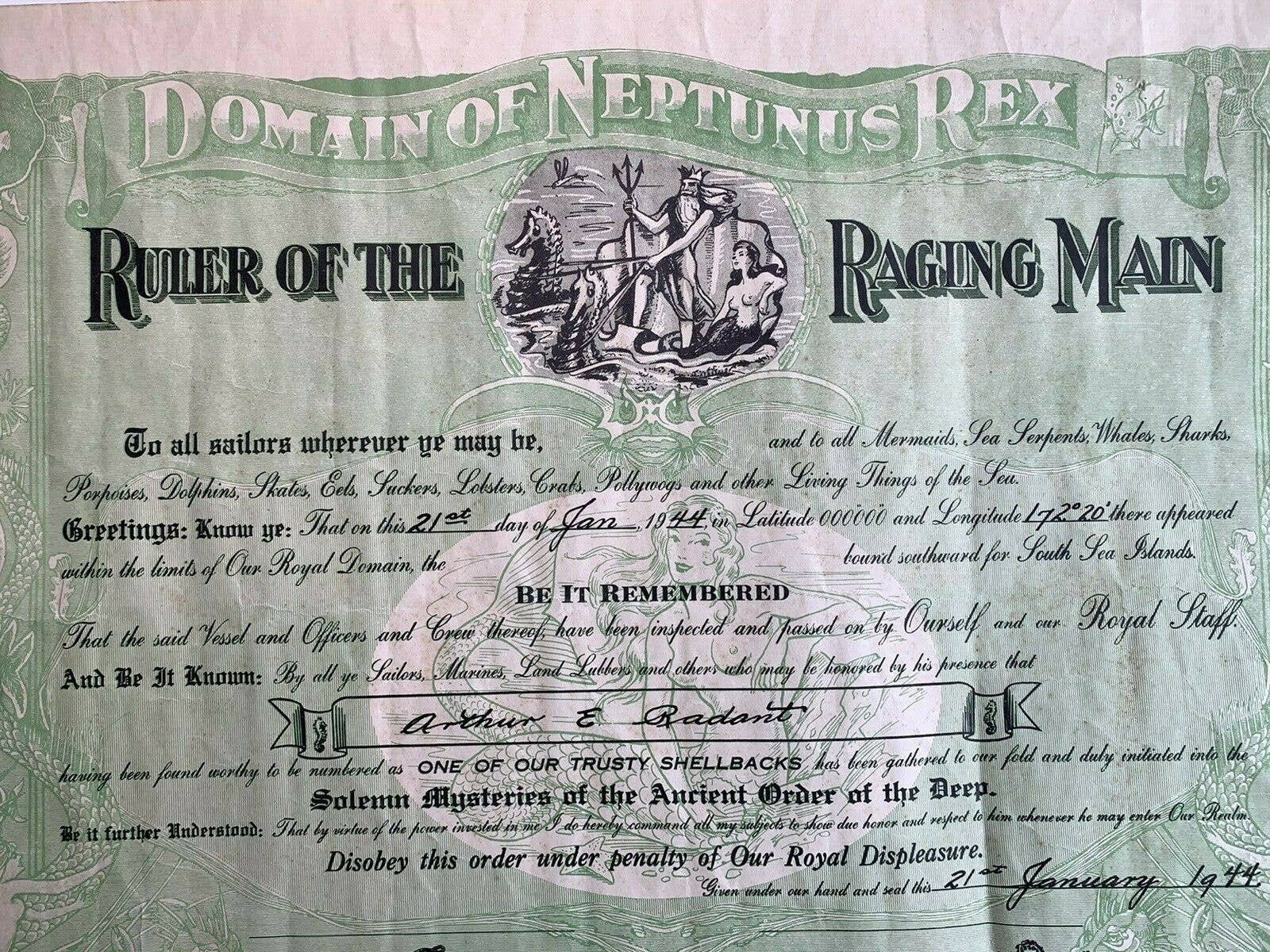 Vintage WWII 1944 USN Domain of Neptune Rex Certificate - Etsy
