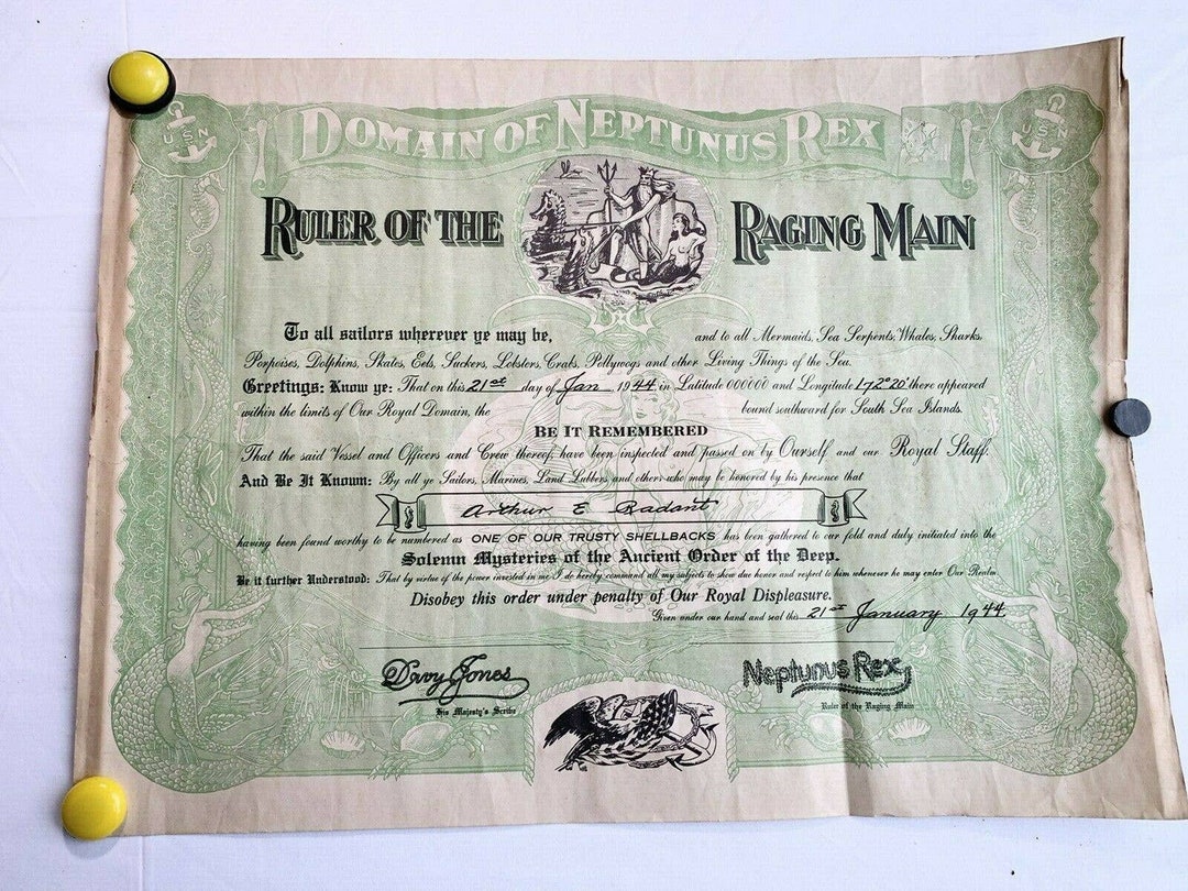 Vintage WWII 1944 USN Domain of Neptune Rex Certificate - Etsy