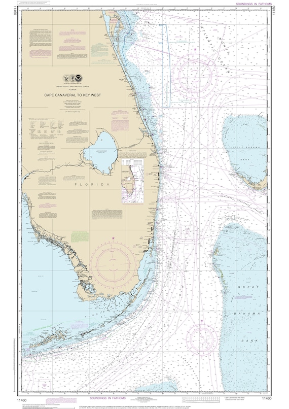 Key West Nautical Chart Cape Canaveral to Key West | Etsy