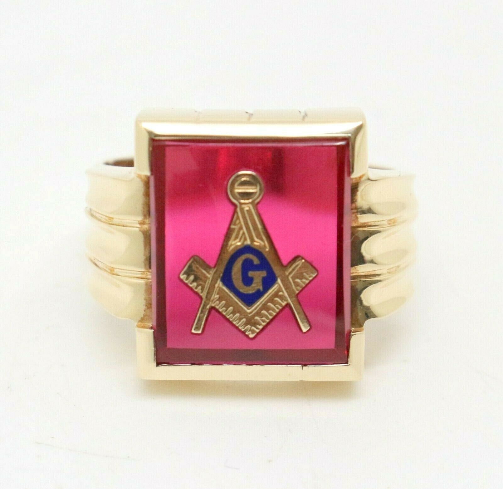 10K Yellow Gold Ruby Red Spinel Masonic Freemason Mason Men's Ring ...