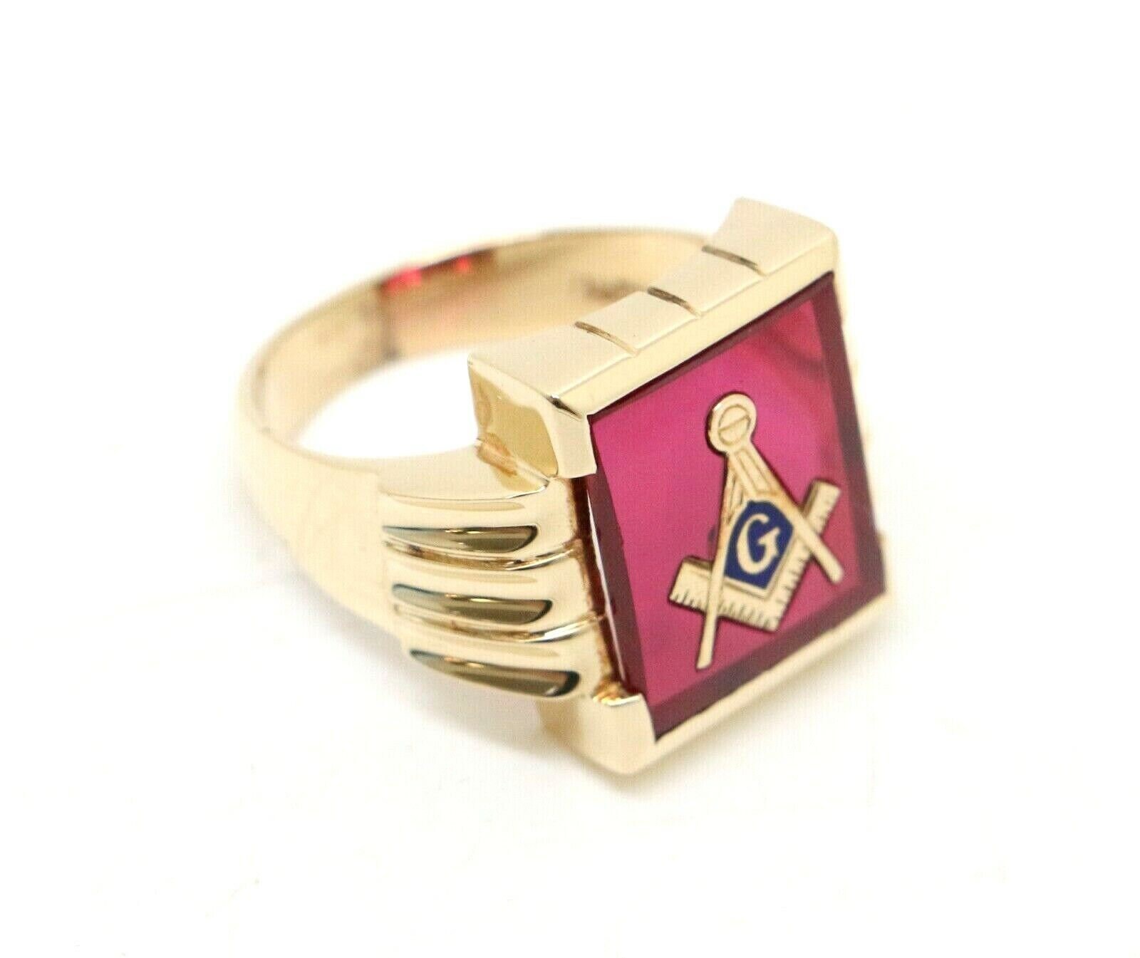 10K Yellow Gold Ruby Red Spinel Masonic Freemason Mason Men's Ring ...
