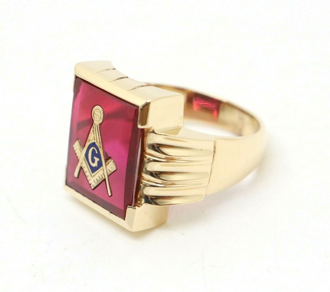 10K Yellow Gold Ruby Red Spinel Masonic Freemason Mason Men's Ring ...