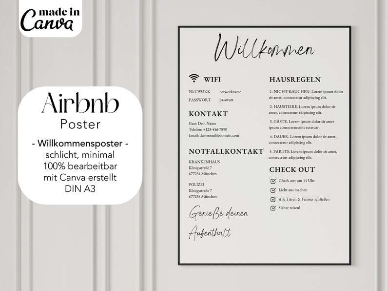 A3 Poster Airbnb Welcome Sign Template | Airbnb Rental Check Out ...