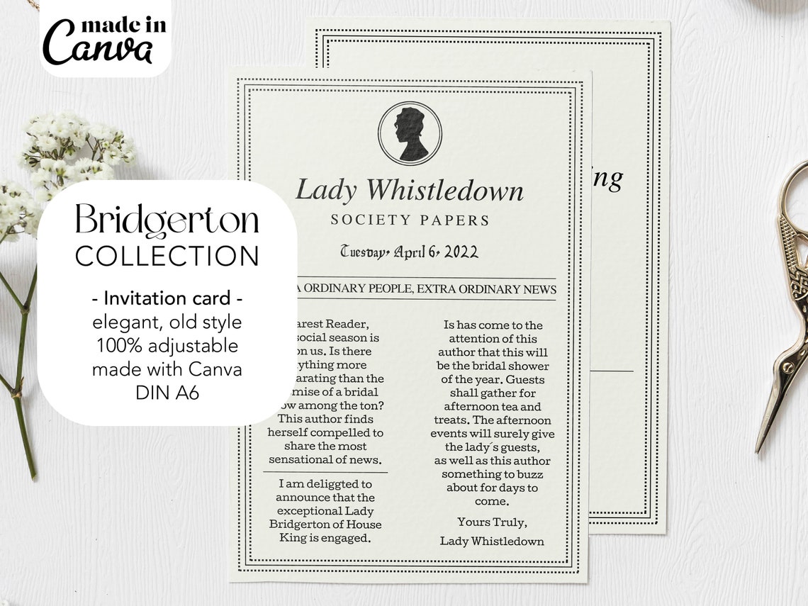Bridgerton Themed Wedding Invitation, Lady Whistledown Society Papers ...