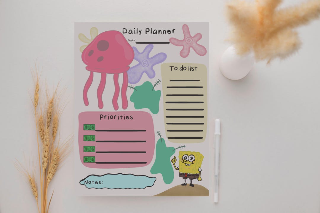 Spongebob Daily, Weekly Planner, Simple White Background Planner, Kid ...
