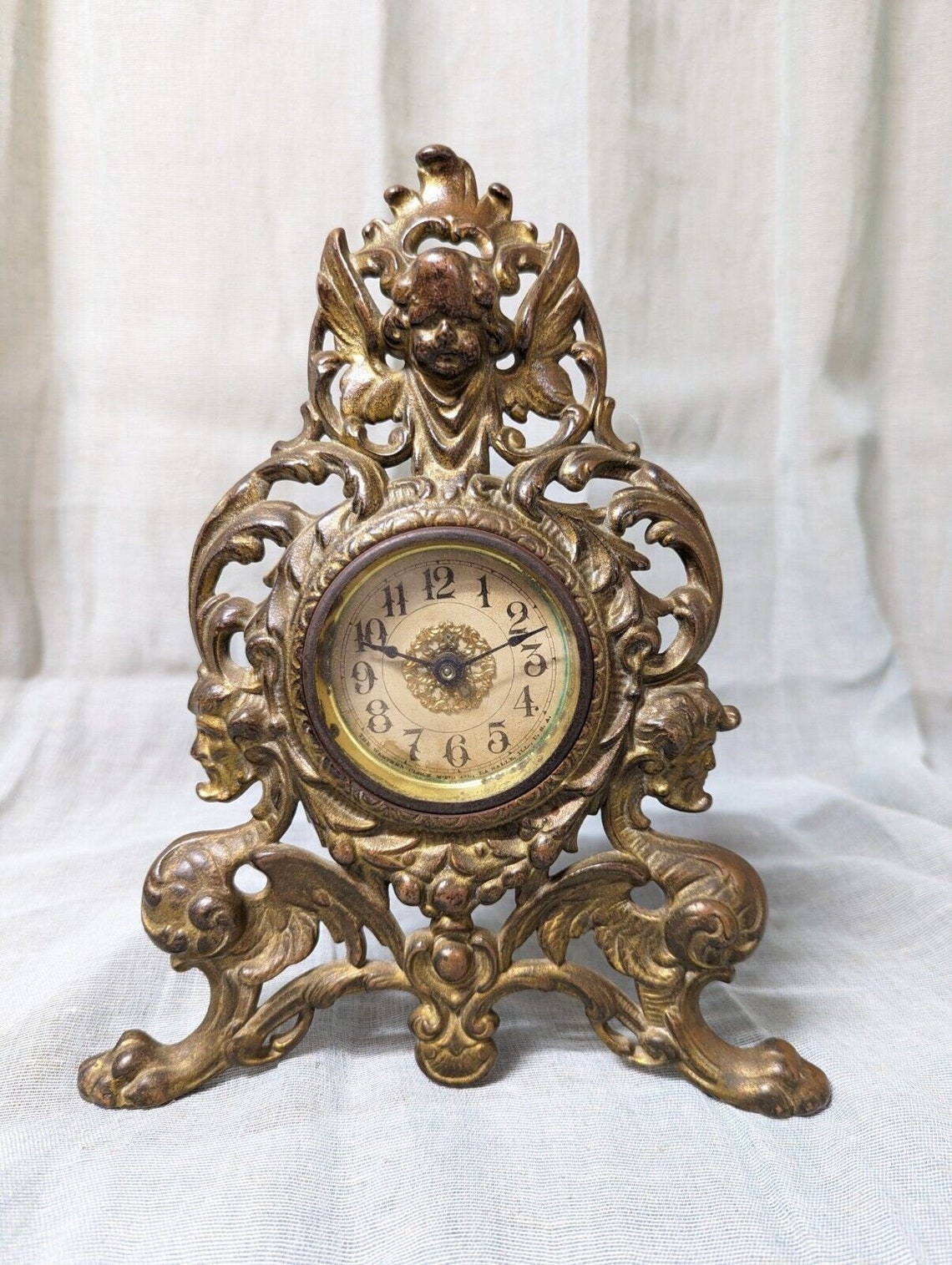 Antique 1908 WESTCLOX Gold Gilt Cast Iron Footed Mantel Clock W/angel ...