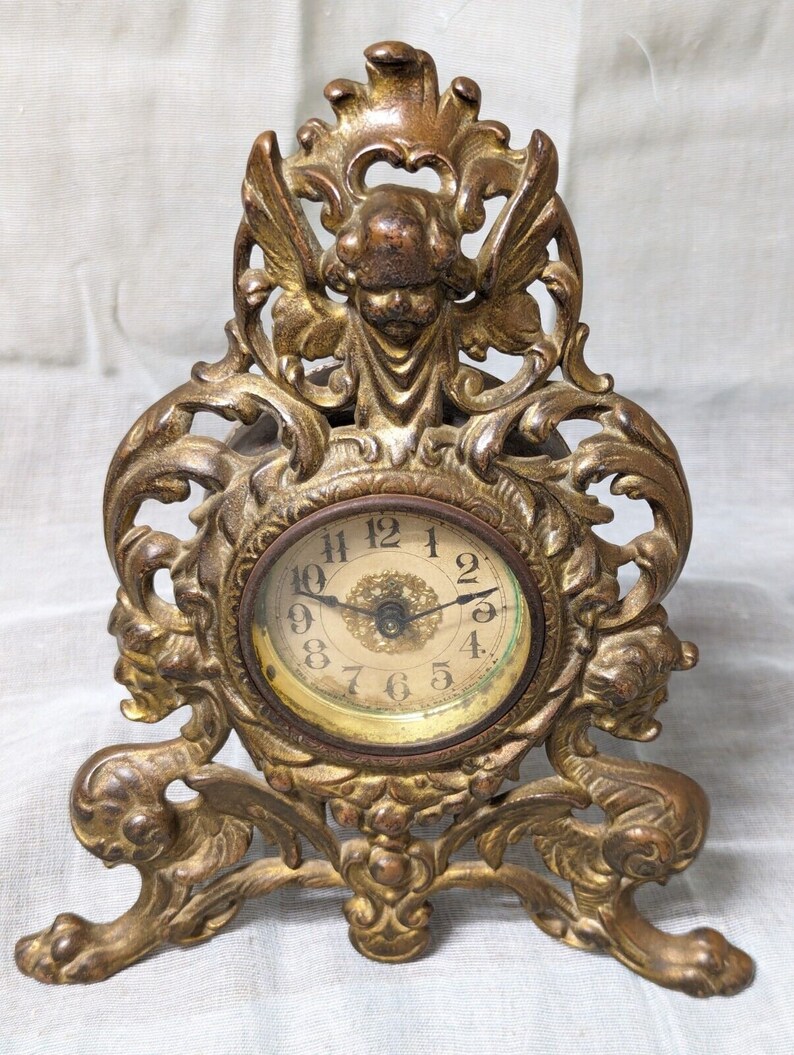 Antique 1908 WESTCLOX Gold Gilt Cast Iron Footed Mantel Clock W/angel ...