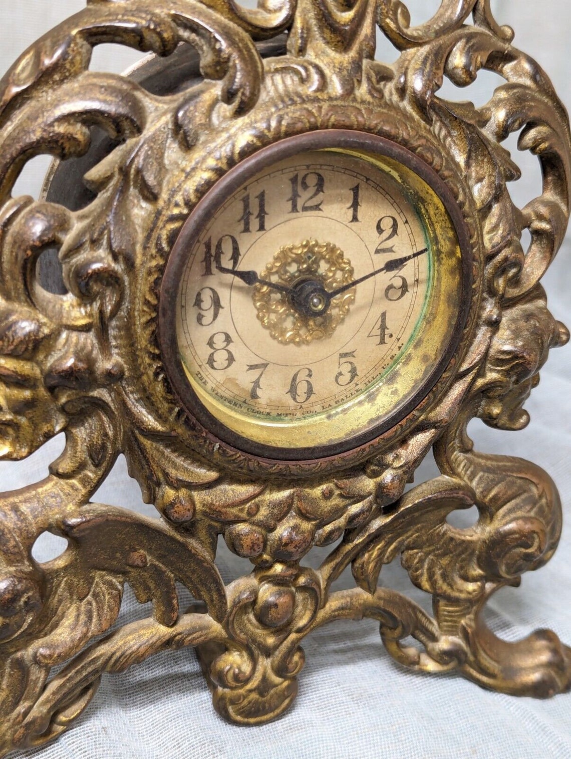 Antique 1908 WESTCLOX Gold Gilt Cast Iron Footed Mantel Clock W/angel ...