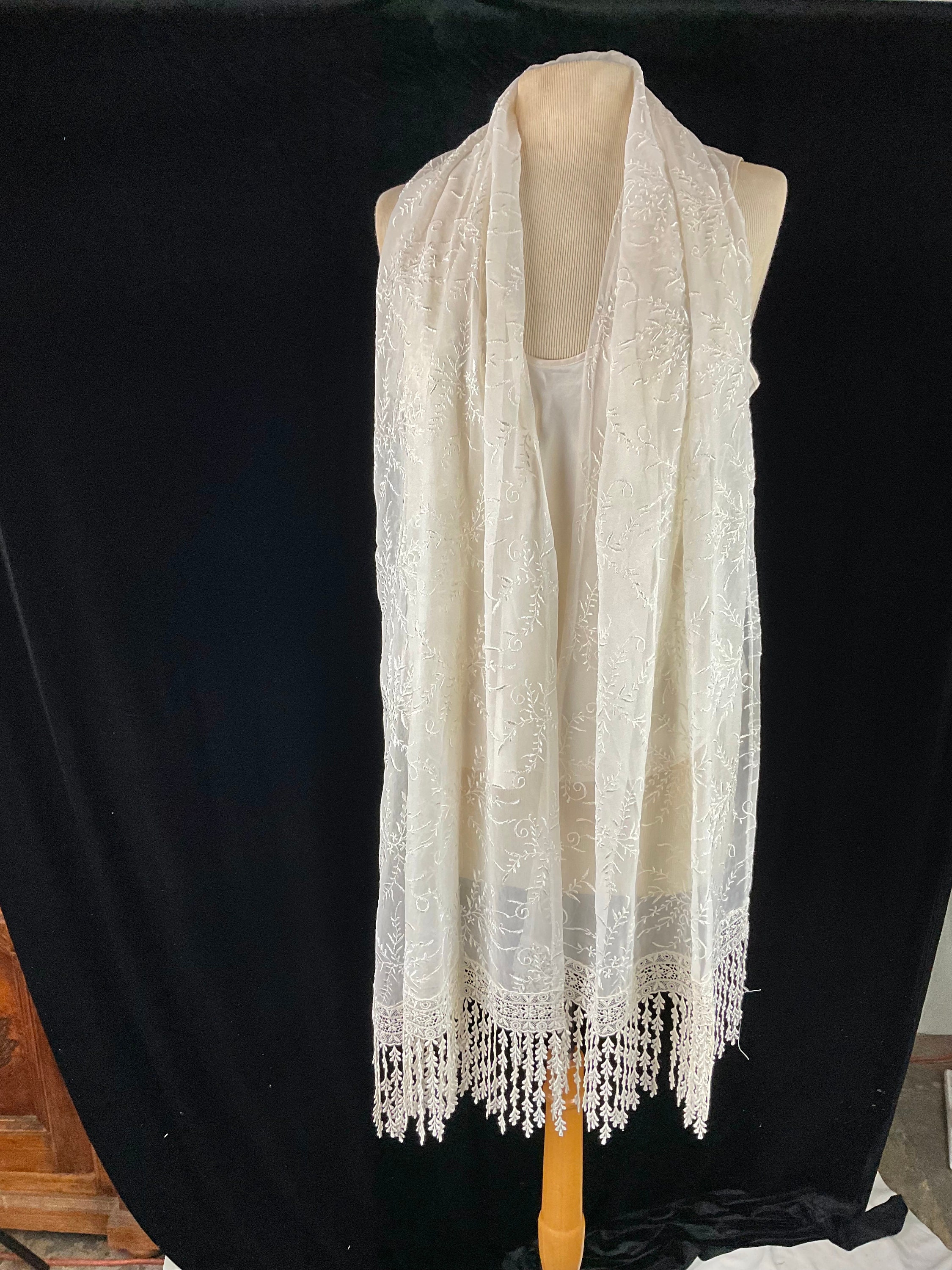 Vintage 1970s White Silk Scarf With Fringe Detail / Embrodered / White ...