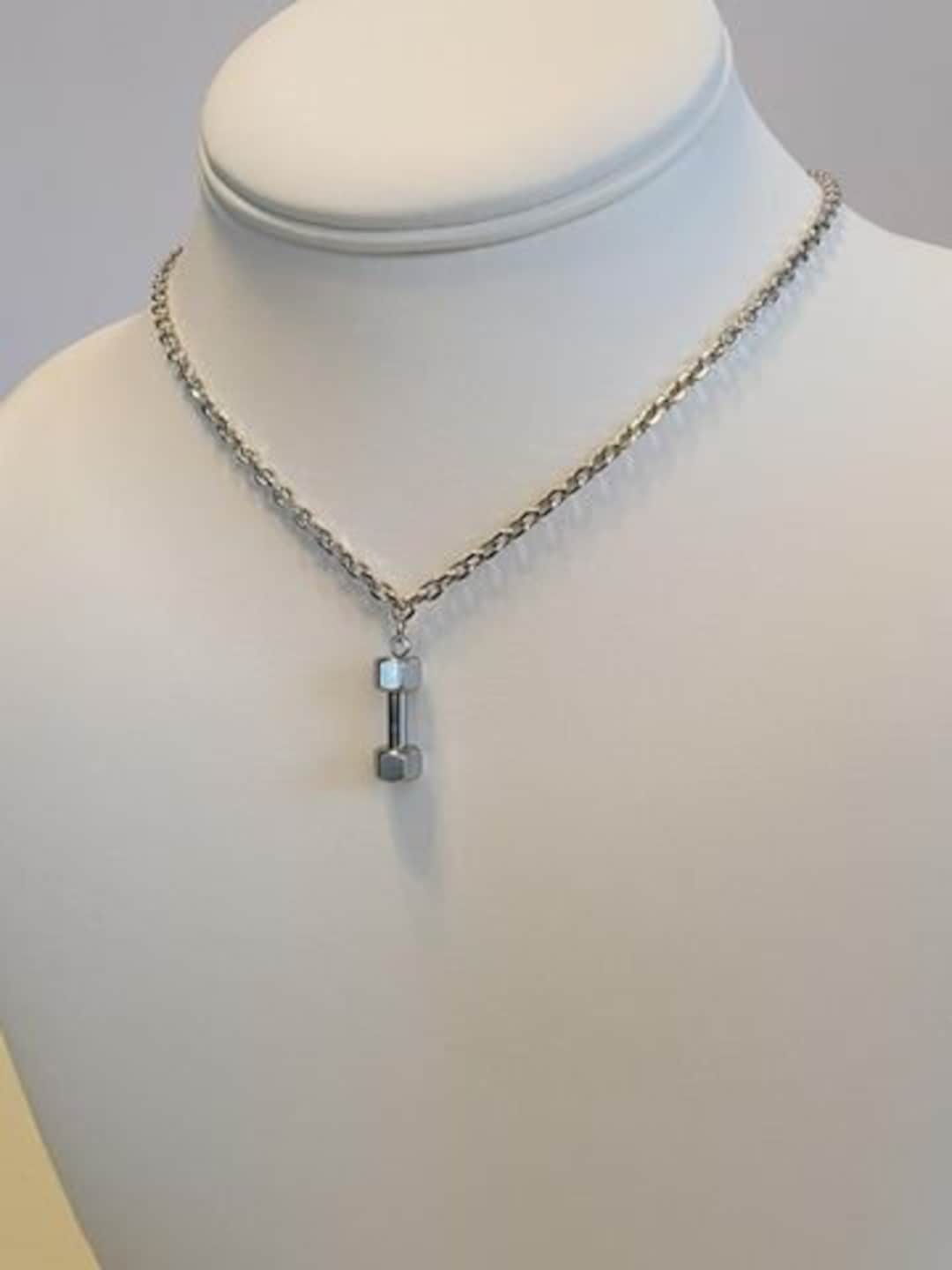Stainless Steel Dumbbell Charm Necklace, Cable Chain, Silver ...