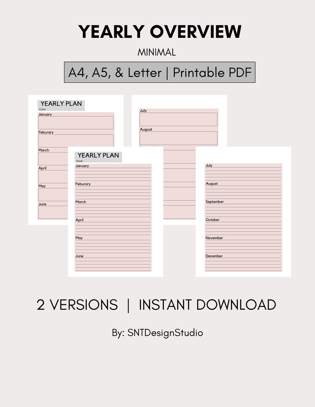 Yearly Overview Pink Printable PDF, Two Page Yearly Planner, Minimal ...