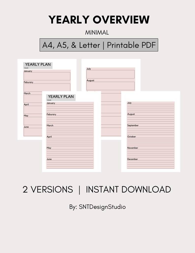 Yearly Overview Pink Printable PDF, Two Page Yearly Planner, Minimal ...