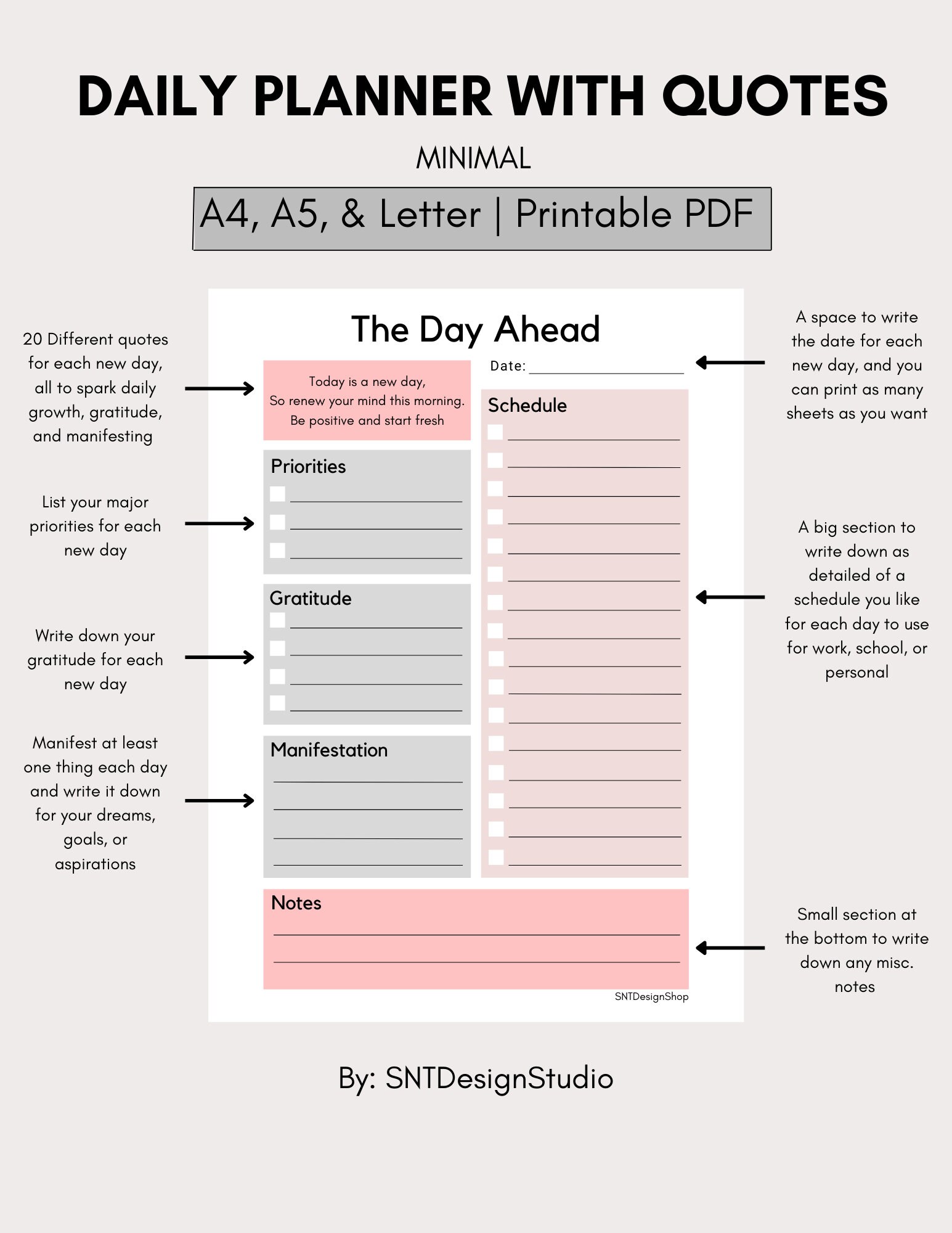 The Day Ahead Daily Planner Printable PDF, 20 Quotes, Day at a Glance ...
