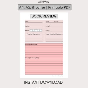 Book Journal Printable PDF, Pink, Reading Journal, Book Review, Book ...