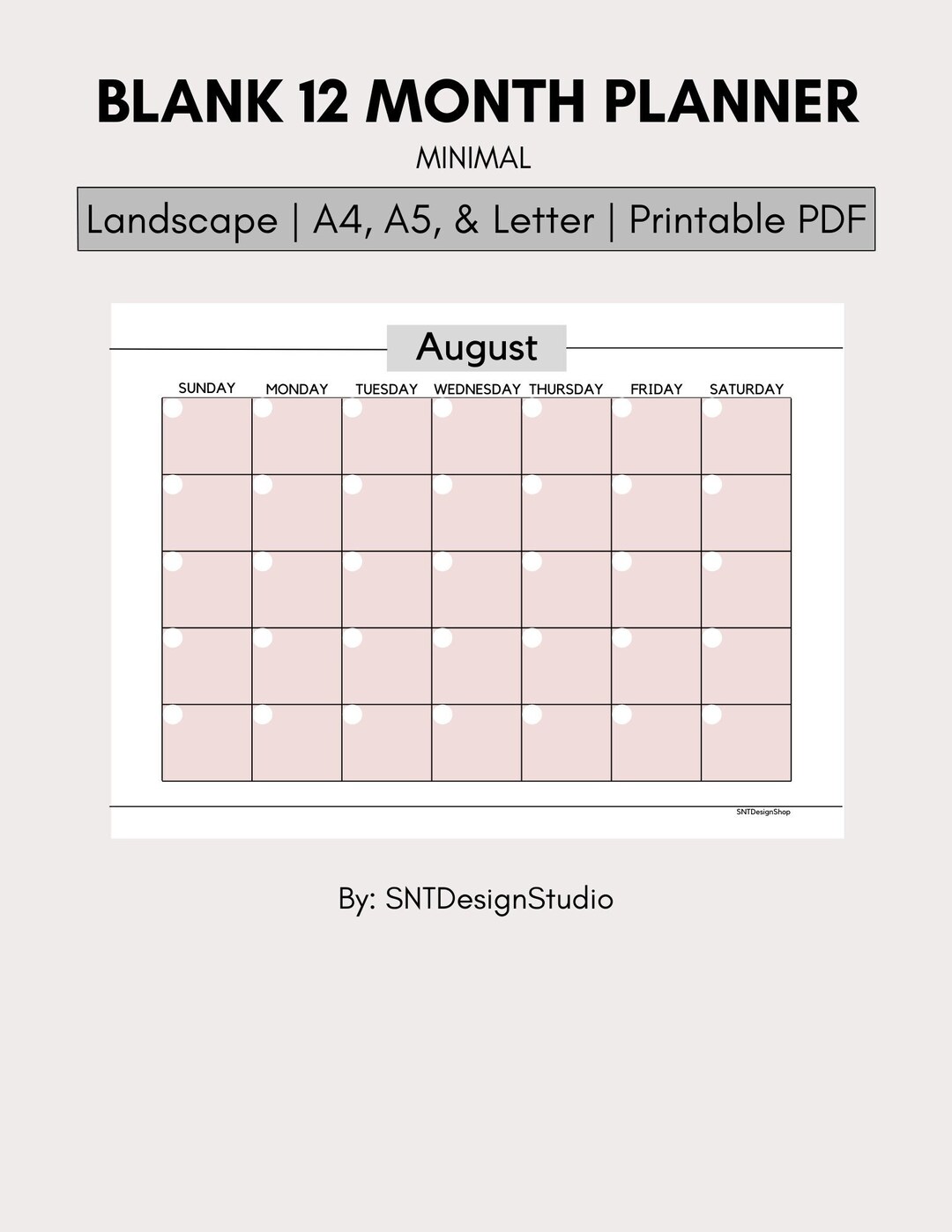 Blank 12 Month Planner Undated Printable PDF Landscape, Sunday Start ...