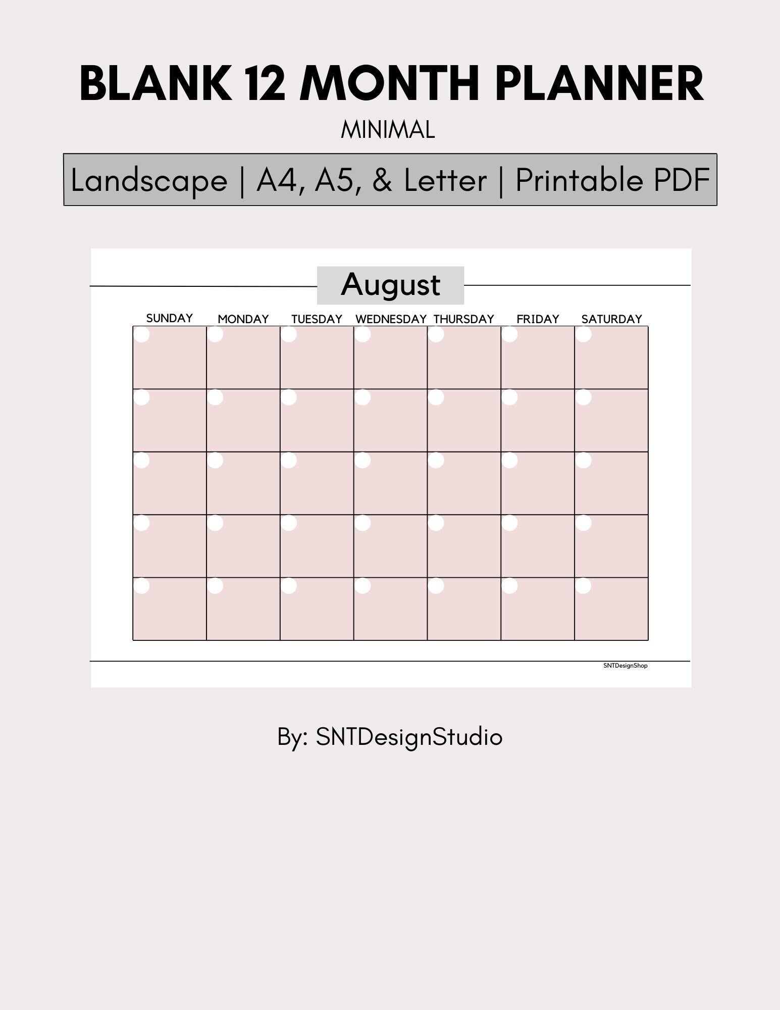 Blank 12 Month Planner Undated Printable PDF Landscape, Sunday Start ...