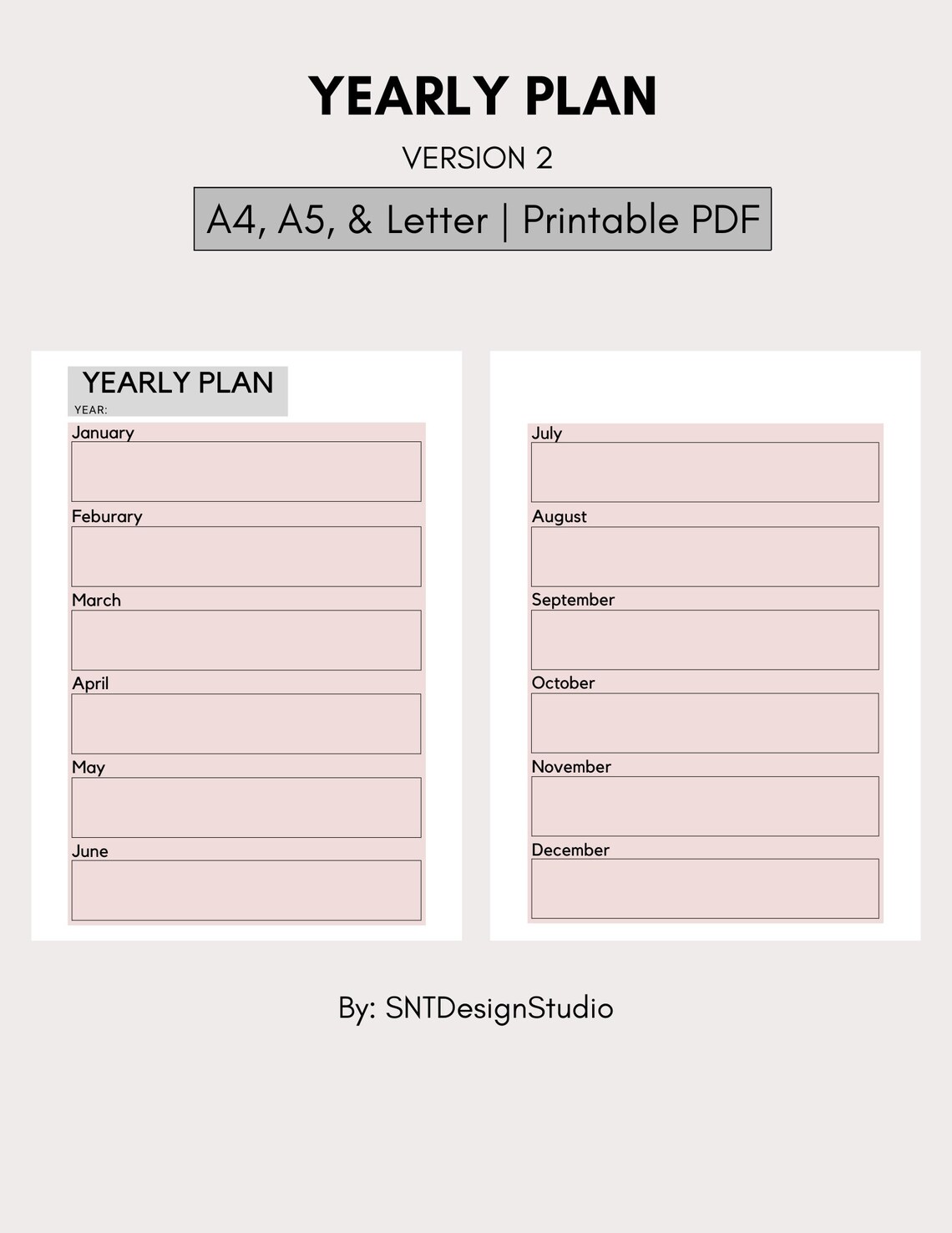 Yearly Overview Pink Printable PDF, Two Page Yearly Planner, Minimal ...