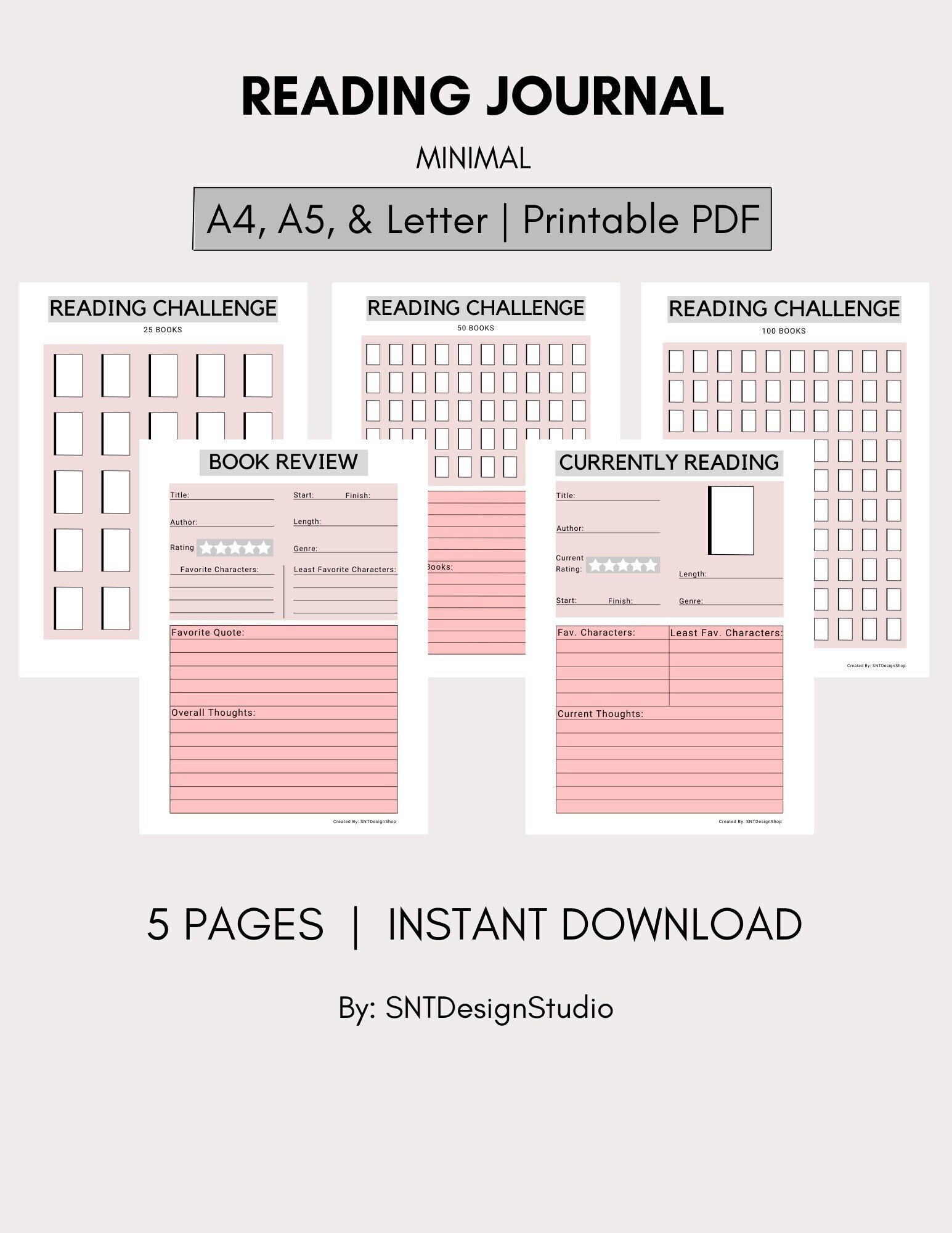 Book Journal Printable PDF, Pink, Reading Journal, Book Review, Book ...