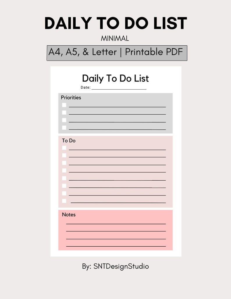 Daily to Do List Printable PDF, Task Checklist, Productivity Planner ...