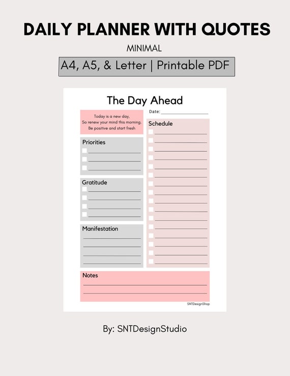The Day Ahead Daily Planner Printable PDF 20 Quotes Day at a - Etsy