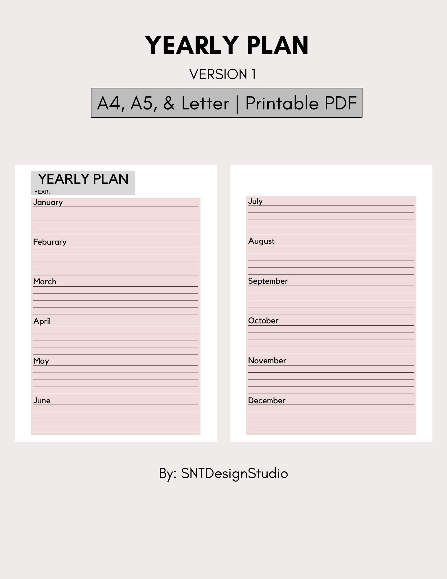 Yearly Overview Pink Printable PDF, Two Page Yearly Planner, Minimal ...