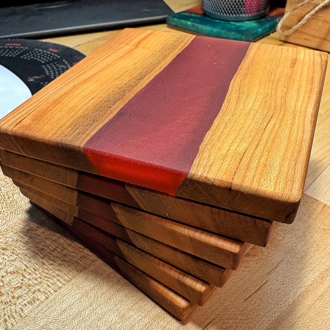 Hard Maple Resin Coasters With Live Edge Center – Merlot Red Epoxy Wood ...