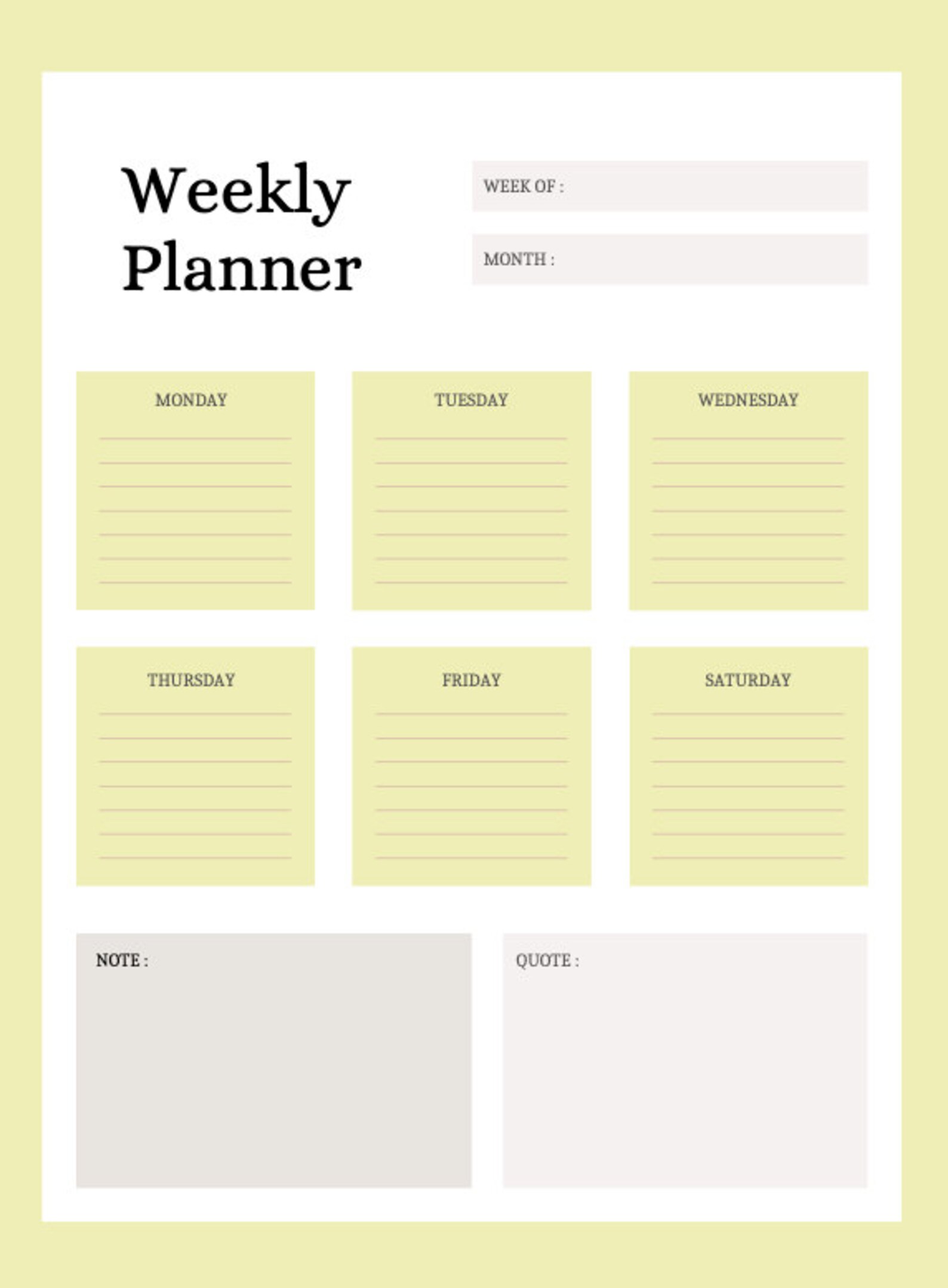 Printable Weekly Planner Letter Format Schedule Mon-sat to Do List ...