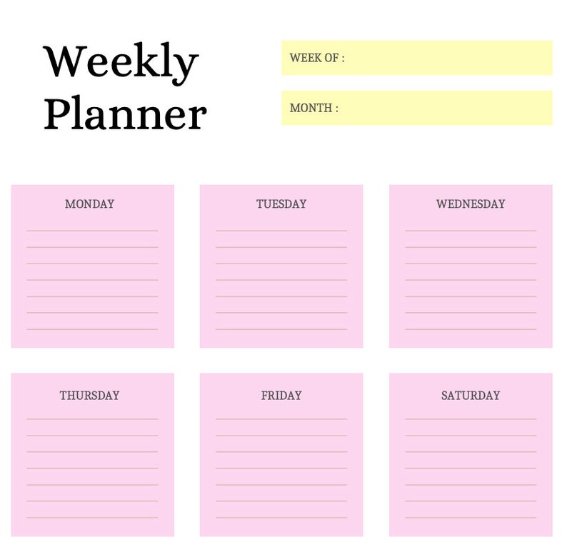 Printable Weekly Planner Letter Format Schedule Mon-sat to Do List ...