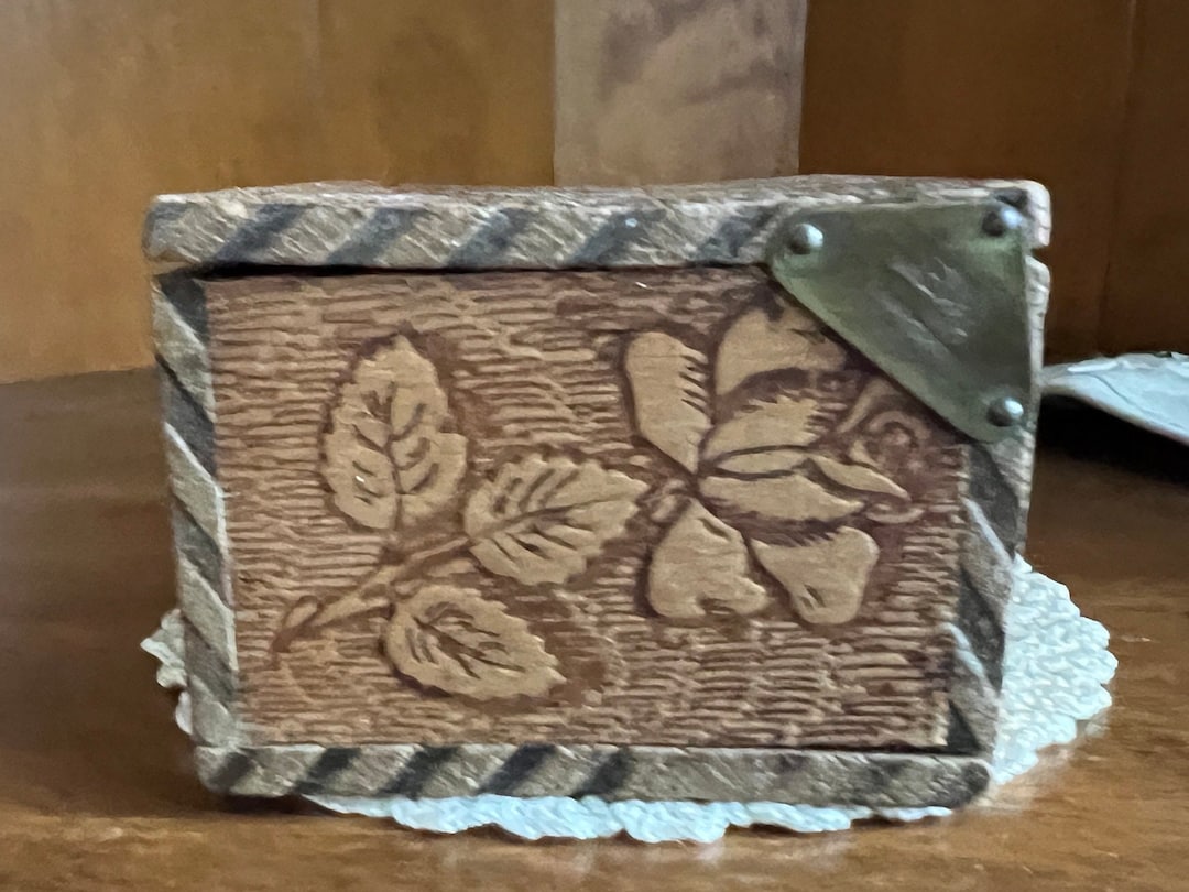 Handcrafted Small Pyrography Box With Carved Rose Design Vintage Wooden ...