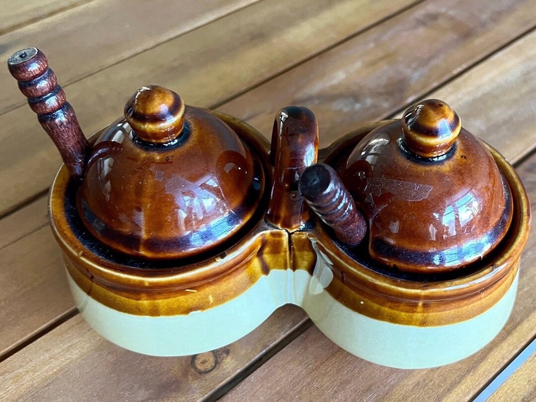Vintage Stoneware Condiment Jar With Lids and Spoons / Retro Kitchen Serving Brown Condiment Set ...