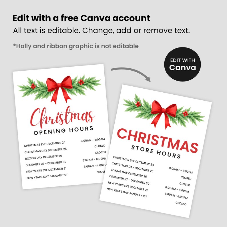 Christmas Store Hours Sign (canva Template) - Etsy