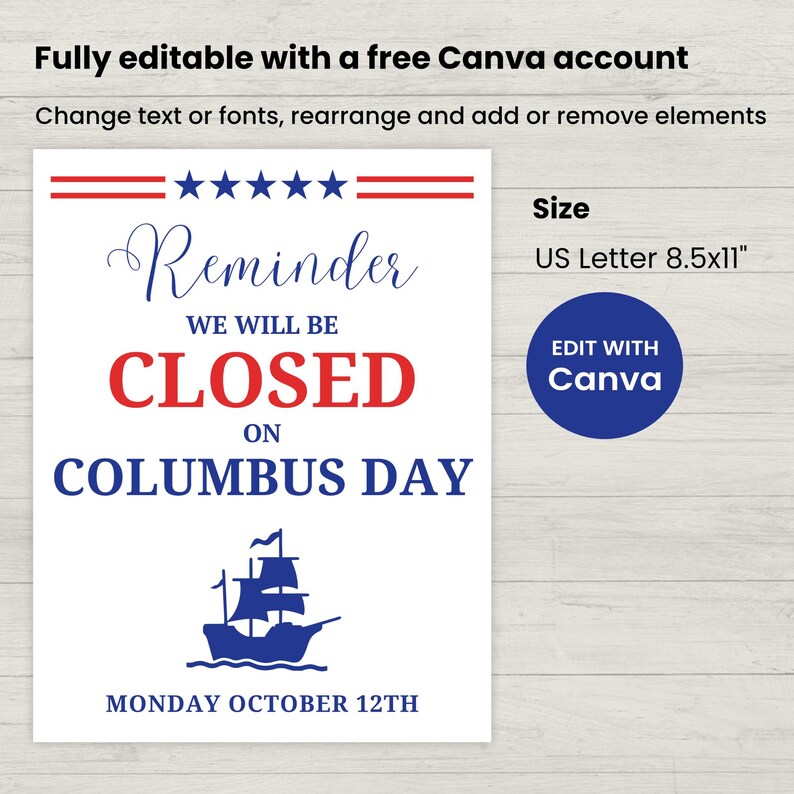 Closed for Columbus Day Printable Sign (canva Template) - Etsy