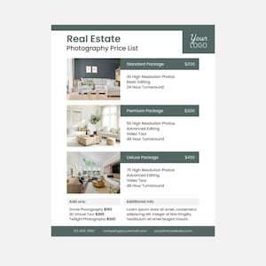 Real Estate Photography Price List, Price Menu, Canva Template - Etsy