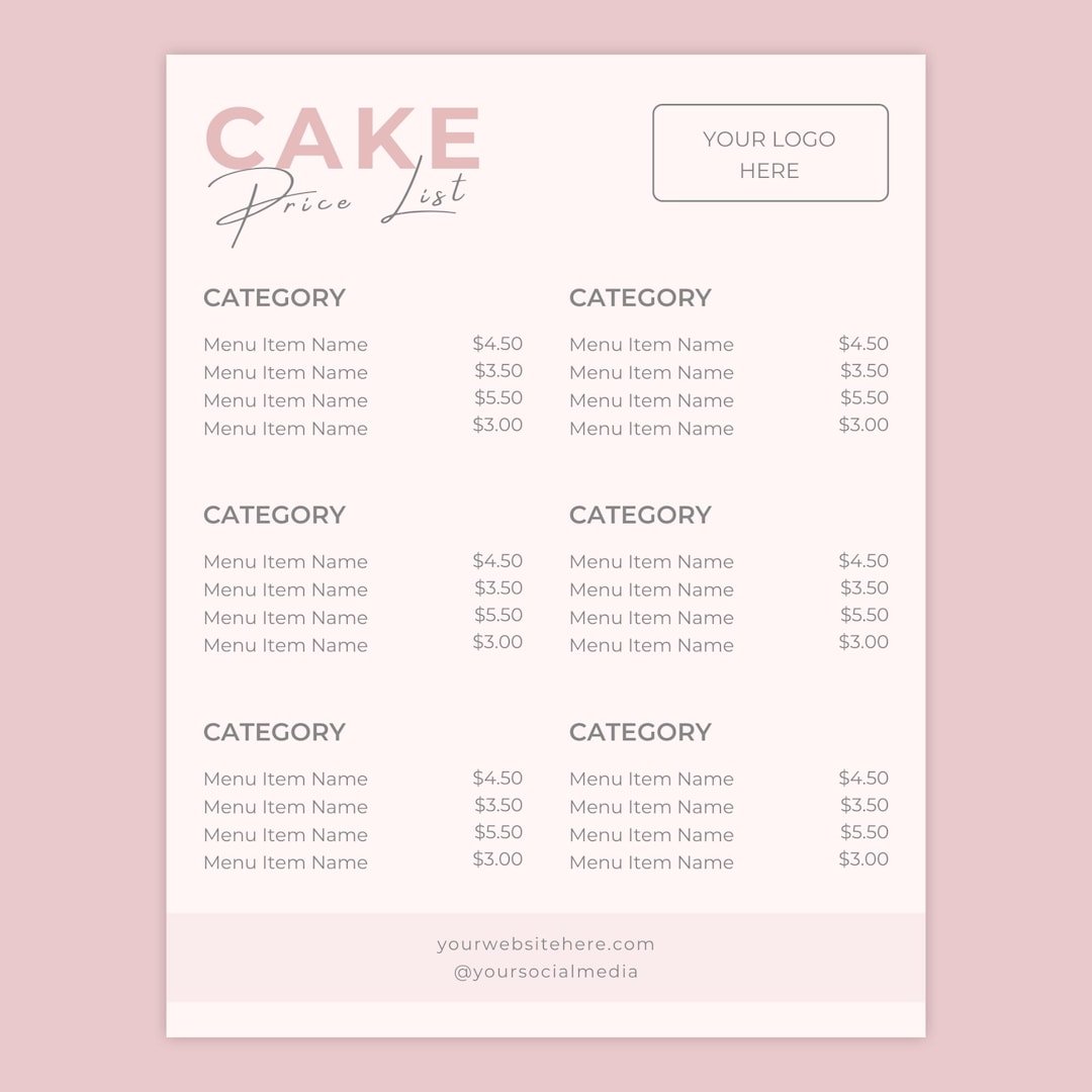 Cake Price List Template, Bakery, Pastry, Treats, Cake Business, Pink ...