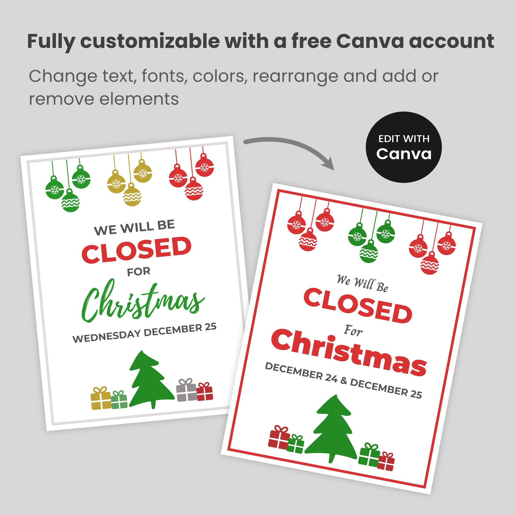 Closed for Christmas Sign for Businesses, Christmas Closed Sign, Closed ...