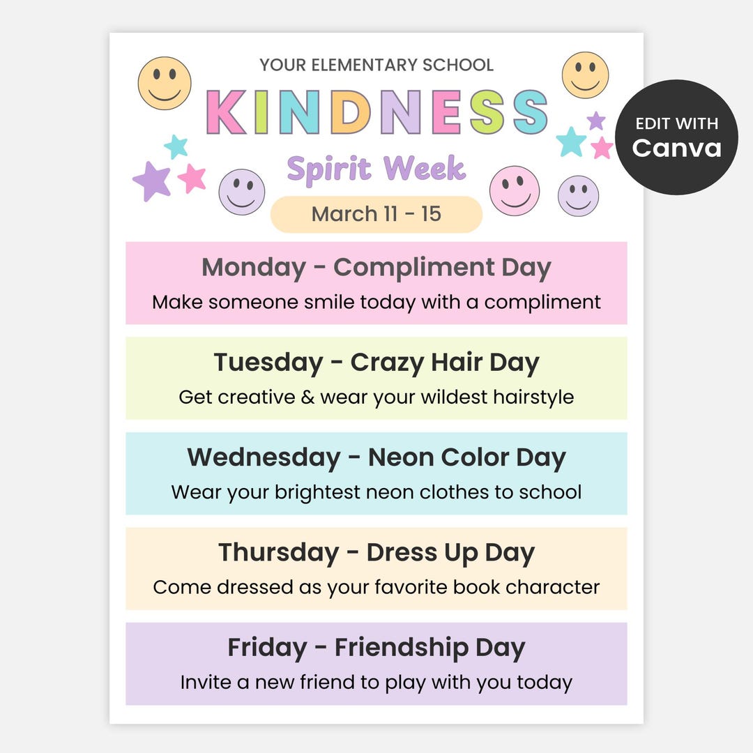 Kindness Spirit Week Flyer for School, Itinerary Schedule, PTA and PTO ...