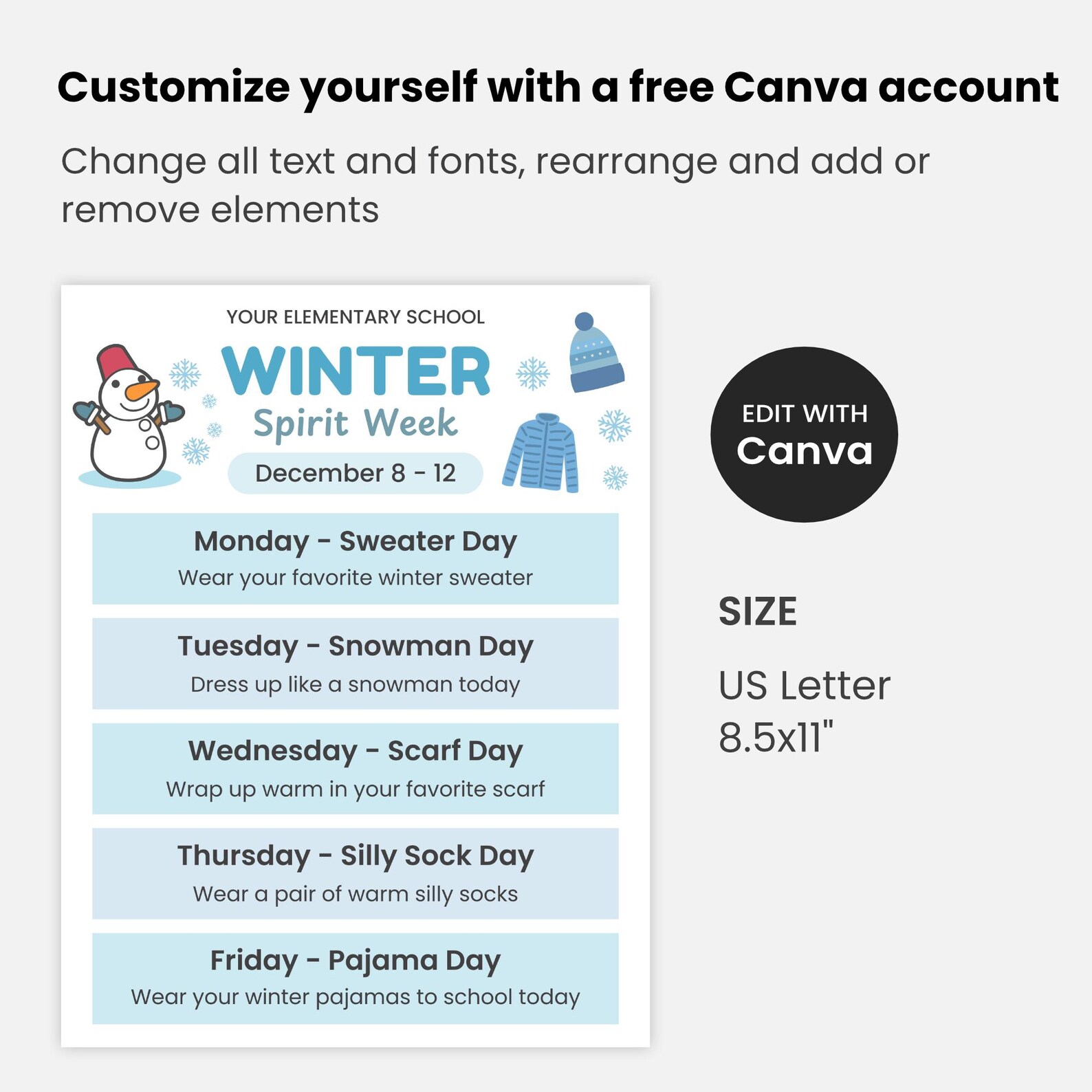 Winter School Spirit Week Flyer: Itinerary Schedule (editable Canva ...