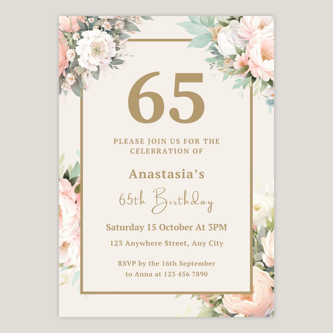 65th Birthday Party Invitation for Women, Floral, Editable Canva ...