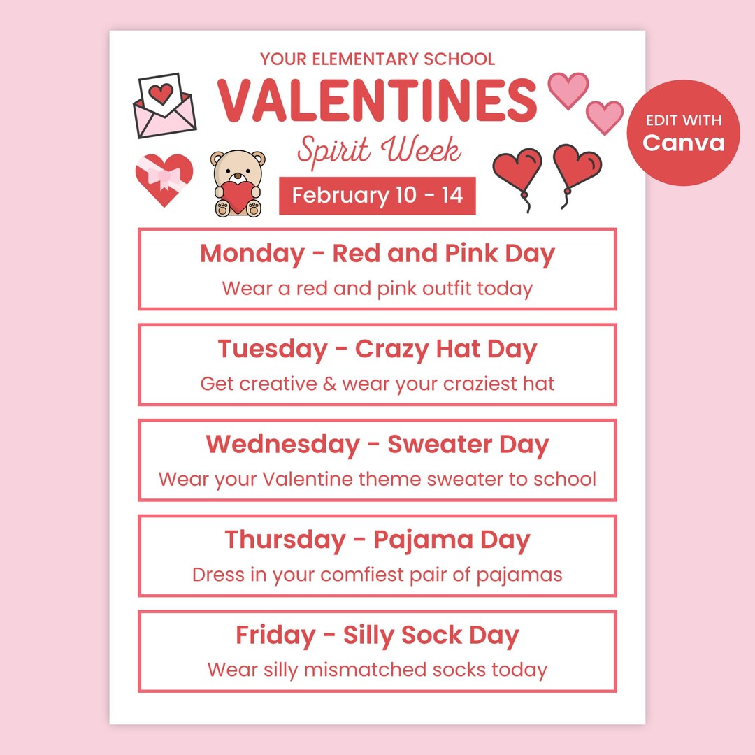 Valentines School Spirit Week Flyer: Itinerary Schedule (canva Template ...