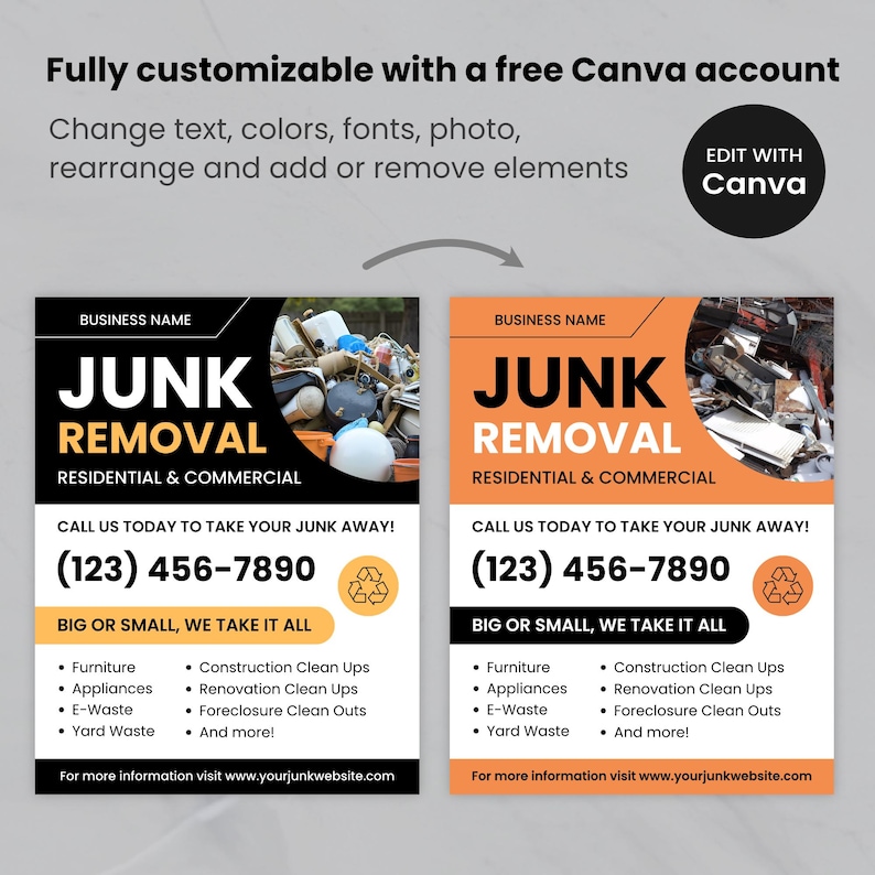 Junk Removal Service Flyer, Junk Hauling Business, Editable Canva ...