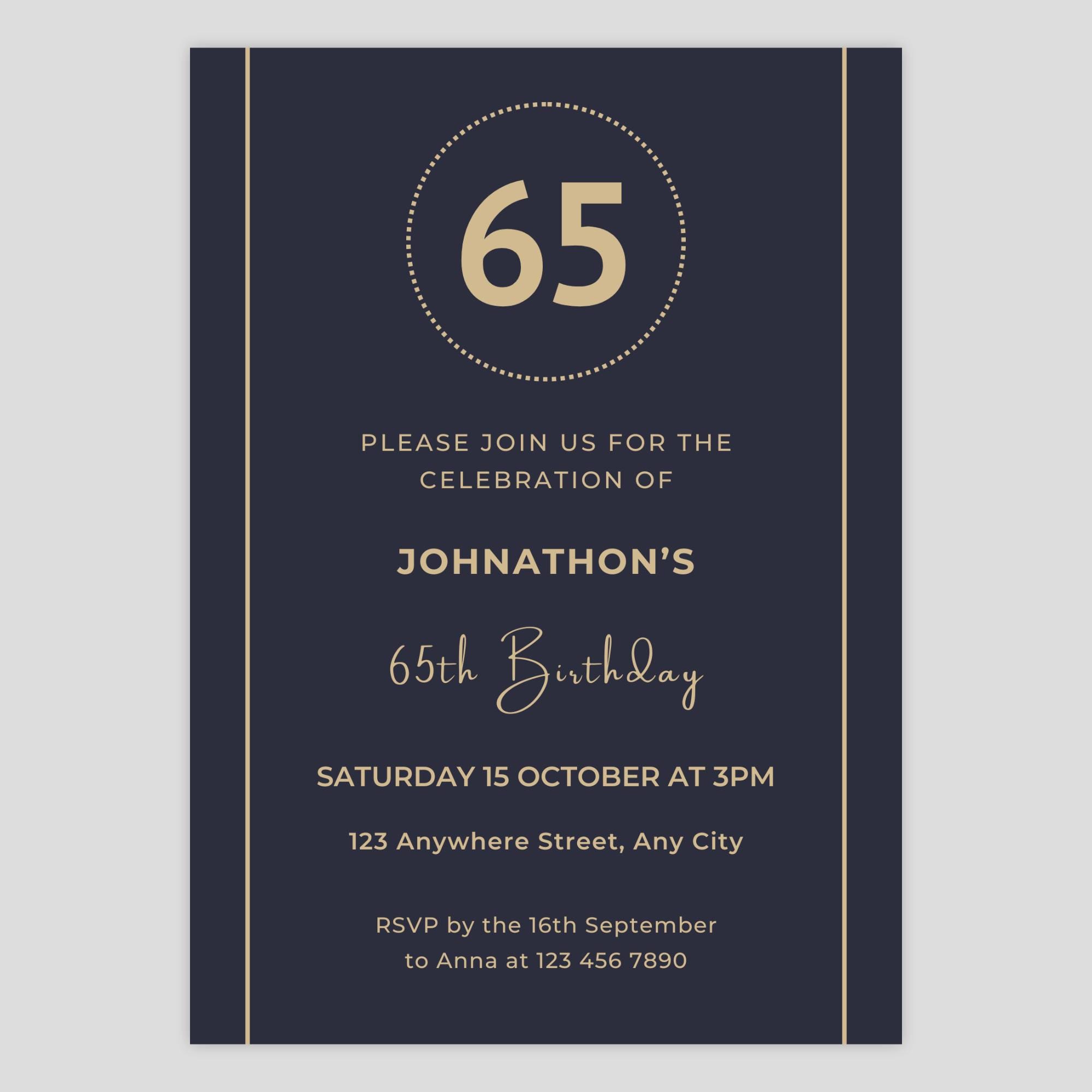 65th Birthday Invitation for Men, Male, Editable Any Age, Canva ...
