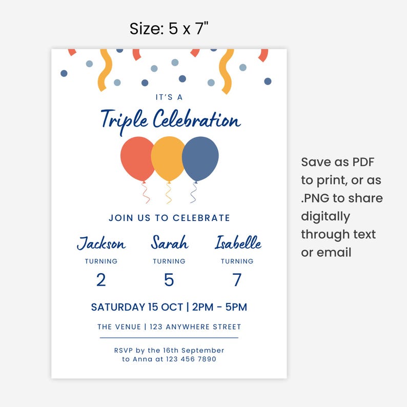 Triple Birthday Party Invitation for Siblings, Editable Canva Template ...