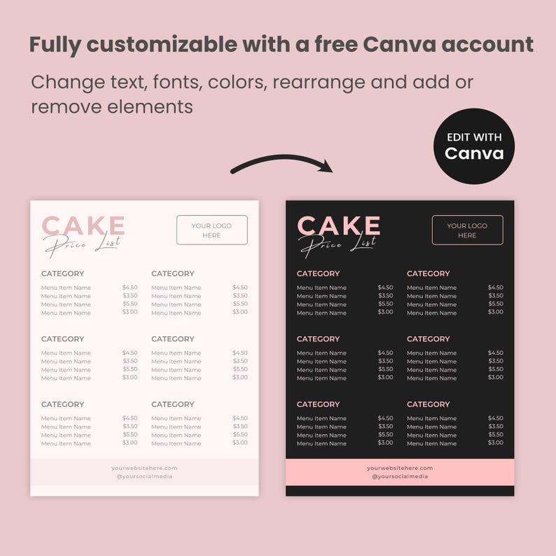 Cake Price List Template, Bakery, Pastry, Treats, Cake Business, Pink ...