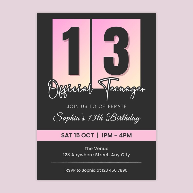 13th Birthday Invitation Girl, Official Teenager, Birthday Invitation ...