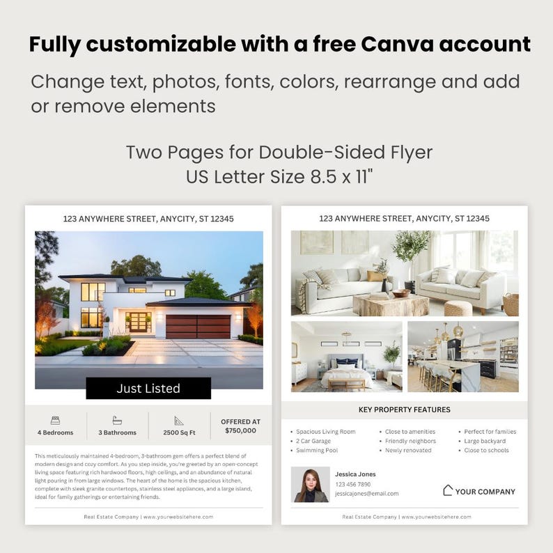 2 Page Just Listed Real Estate Flyer Double Sided, Home Feature Sheet ...