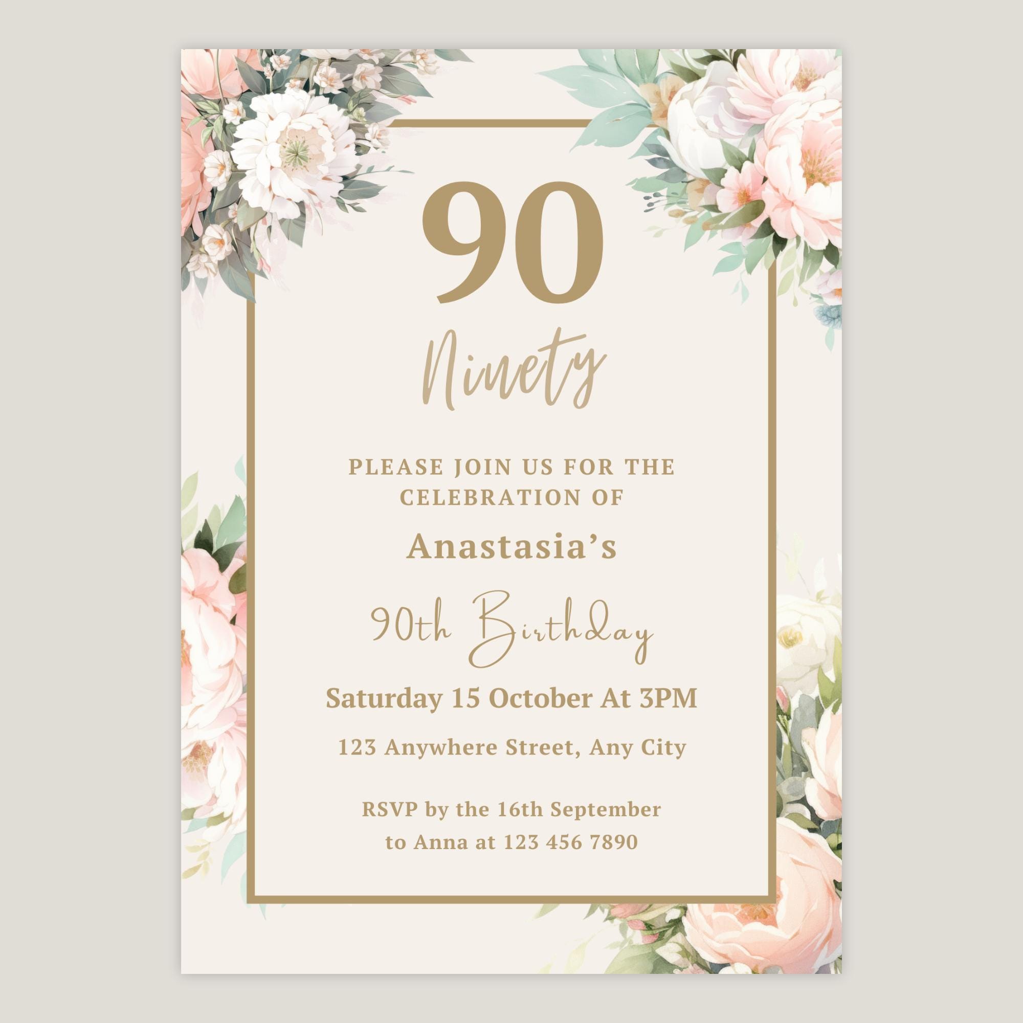 90th Birthday Party Invitation for Women, Floral, Editable Canva ...